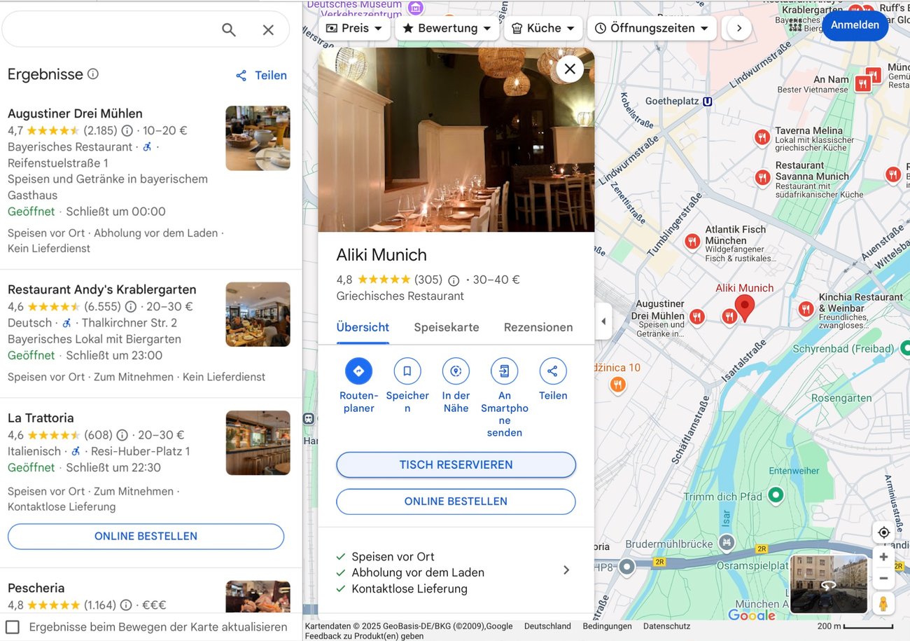Wenn ihr spontan ins Restaurant wollt, ist Google Maps der ideale Helfer
