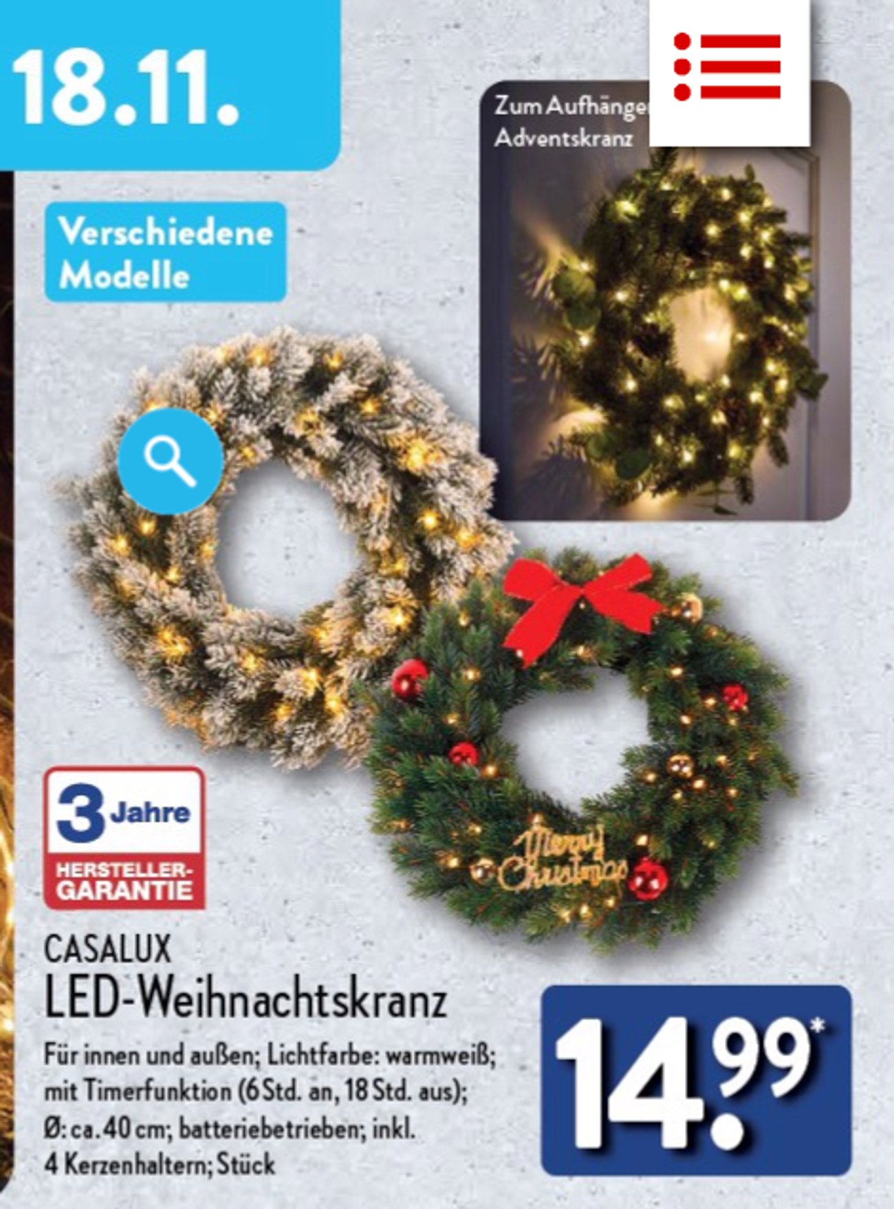 Aldi verkauft heute einen LED-Weihnachtskranz zum Schleuderpreis, der ...