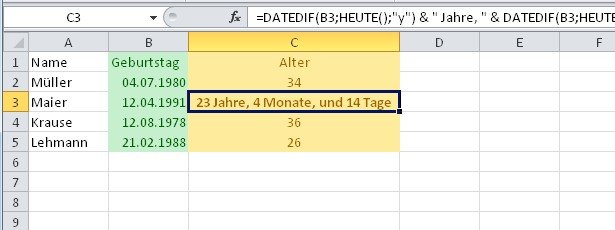 Excel: Alter aus dem Geburtsdatum berechnen