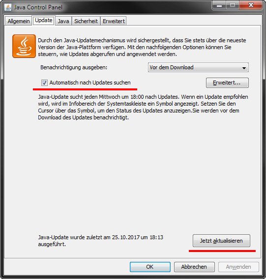 Java aktualisieren (Auto-Update & manuell)