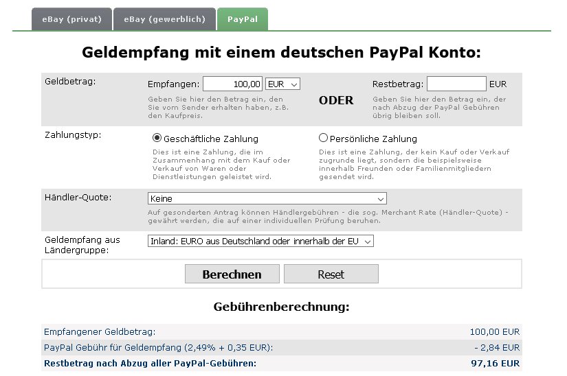 PayPal: Gebührenrechner Transaktionskosten vorher ausrechnen