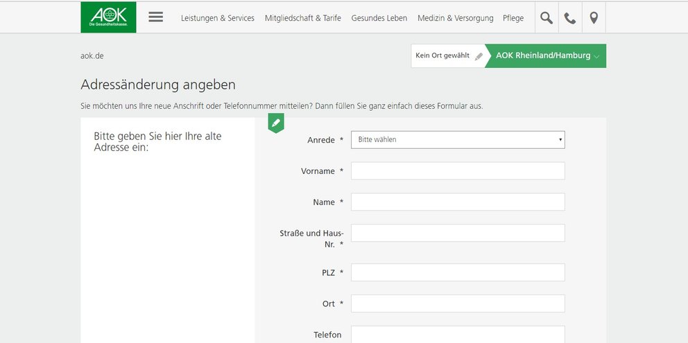AOK: Adresse ändern per Online-Formular