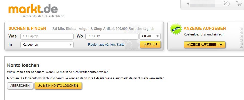 Markt.de: Konto löschen – Anleitung