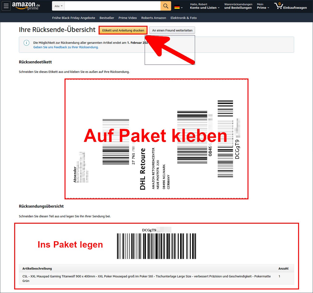 Amazon-Retoure mit Rücksendeetikett – so klapp’s mit und ohne Drucker
