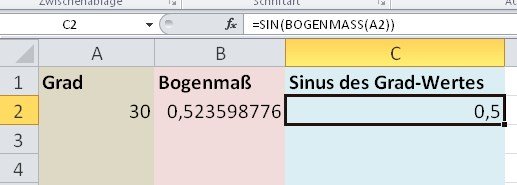 Excel: Grad in RAD umwandeln und Sinus berechnen