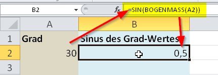 Excel: Grad in RAD umwandeln und Sinus berechnen
