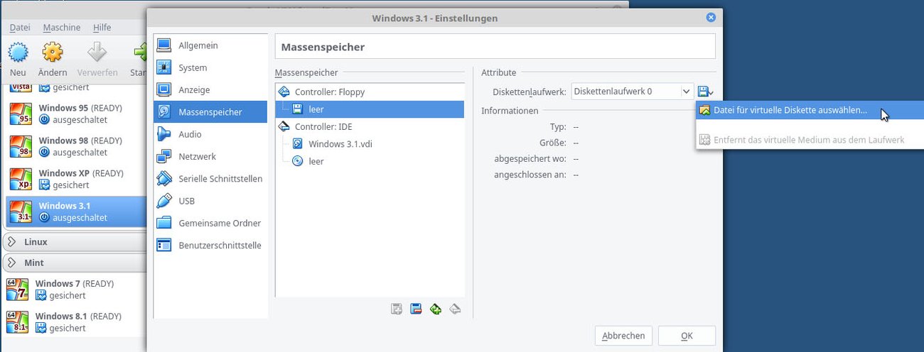 Windows 3.1 installieren mit Virtualbox