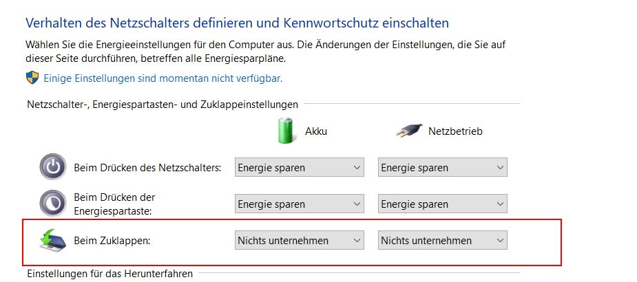 Laptop beim Zuklappen nicht ausschalten: So gehts