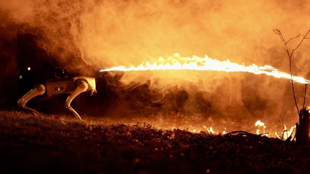 Dystopischer Roboterhund spuckt Feuer: Flammenwerfer einfach per Handy ...
