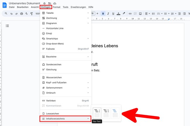 Google Docs: Inhaltsverzeichnis einfügen (mit Seitenzahlen)